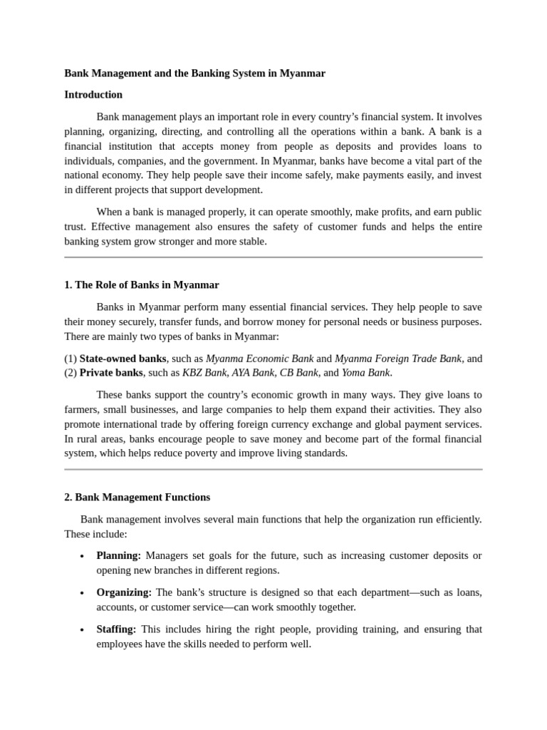 Bank Management and The Banking System in Myanmar | PDF | Banks | Money