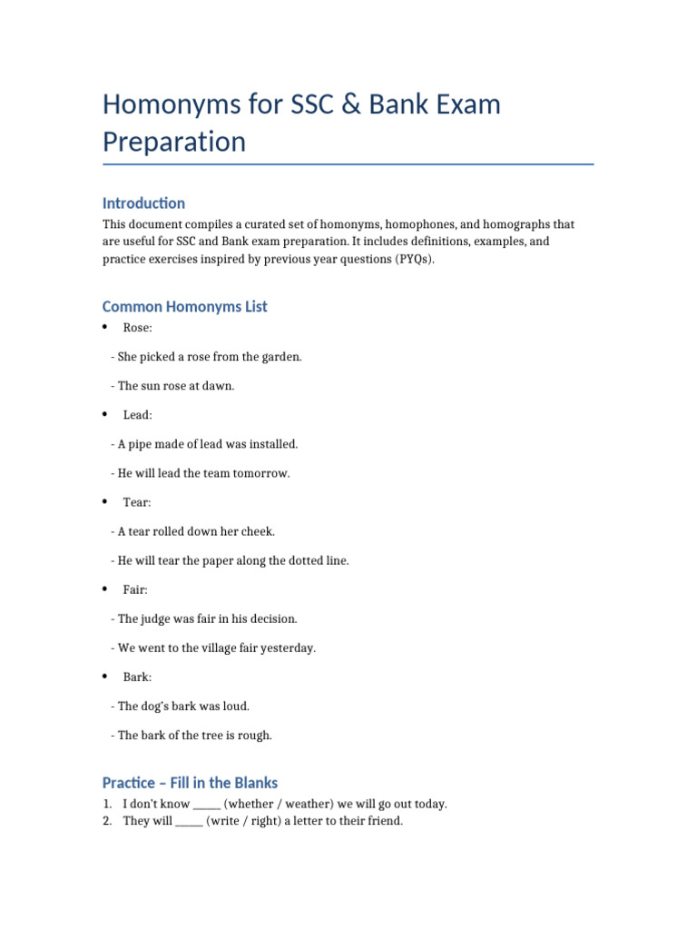Homonyms for Bank Exam Success | PDF