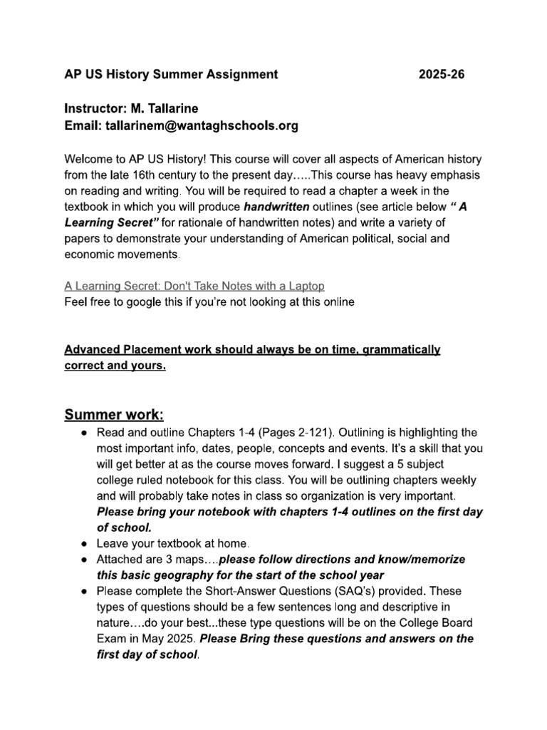 AP US Summer Assignment - 2025 | PDF