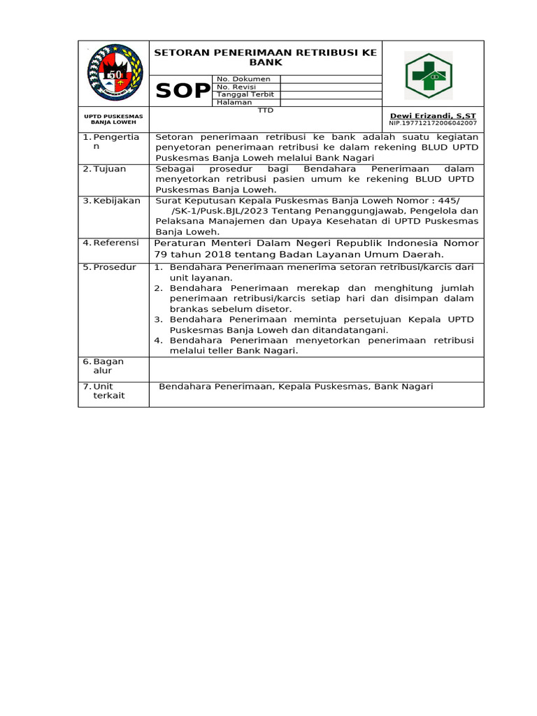 Sop Setoran Penerimaan Retribusi Ke Bank | PDF