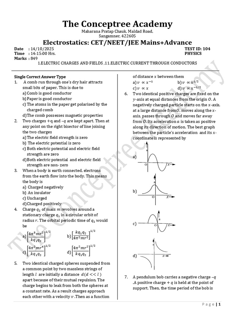 Test ID 104 PHYSICS Electrostatics | PDF | Sphere | Electric Field