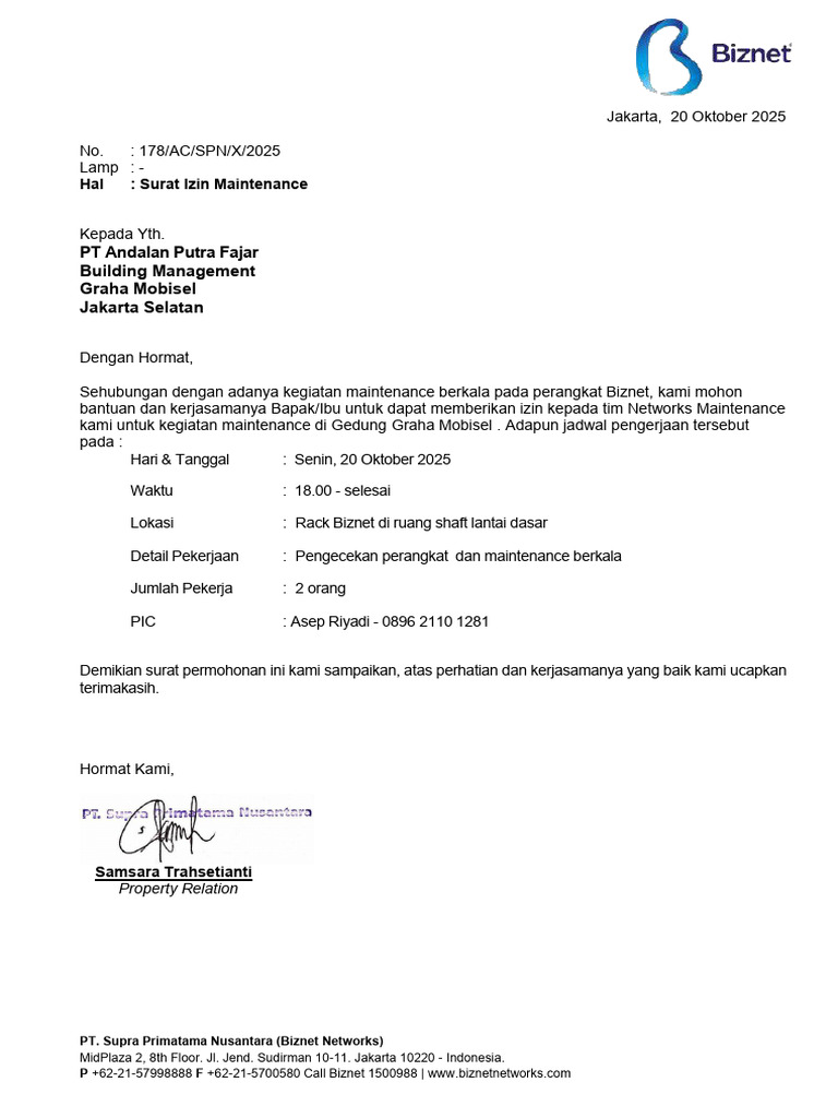 Izin Maintenance di Graha Mobisel | PDF