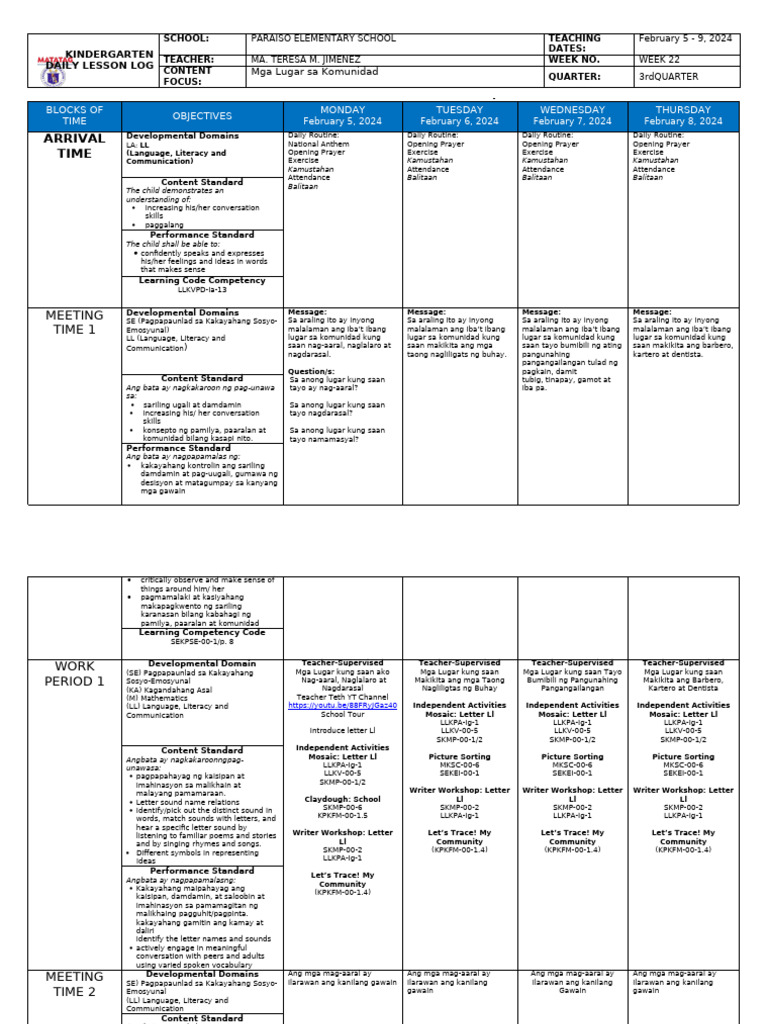 Kindergarten Daily Lesson Plan: Community | PDF | Linguistics ...