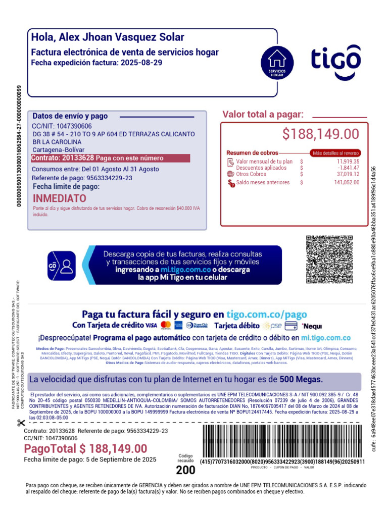 Factura Tigo: Servicios y Pagos 2025 | PDF | American Express | Visa Inc.