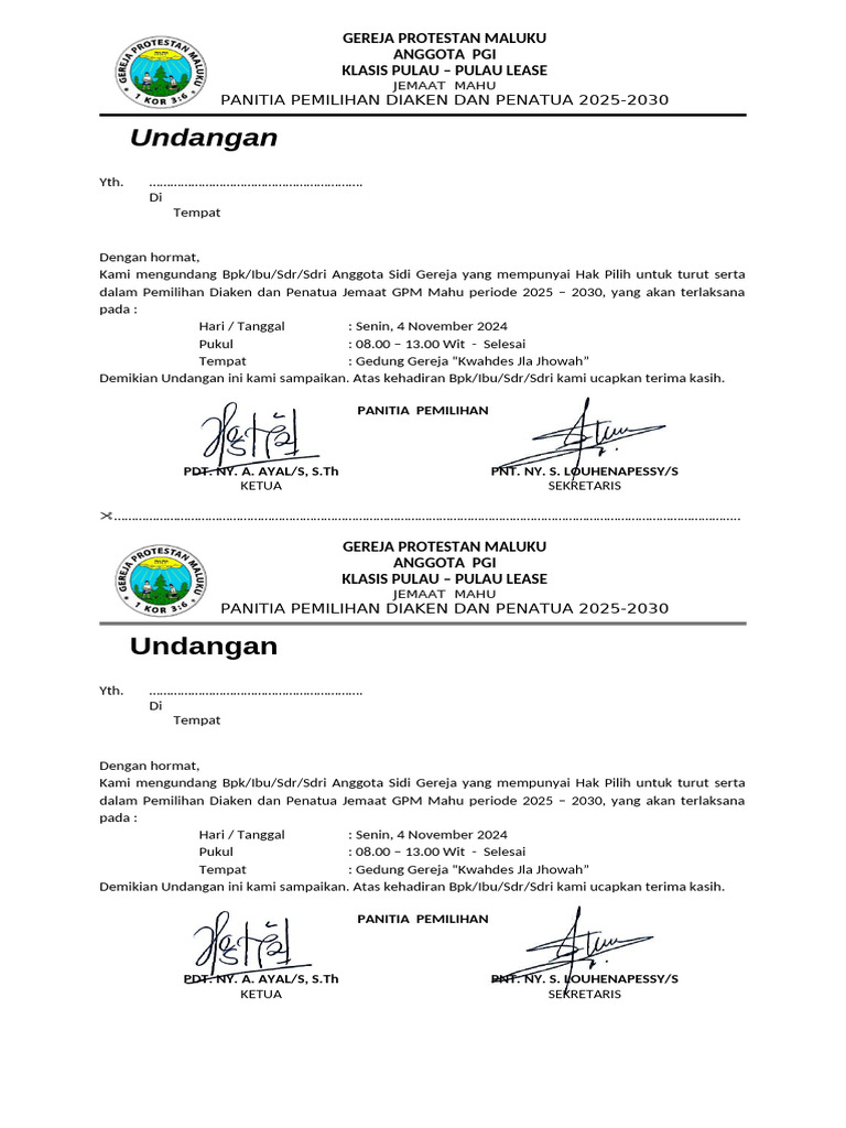 Undangan Pemilihan Diaken GPM Mahu | PDF