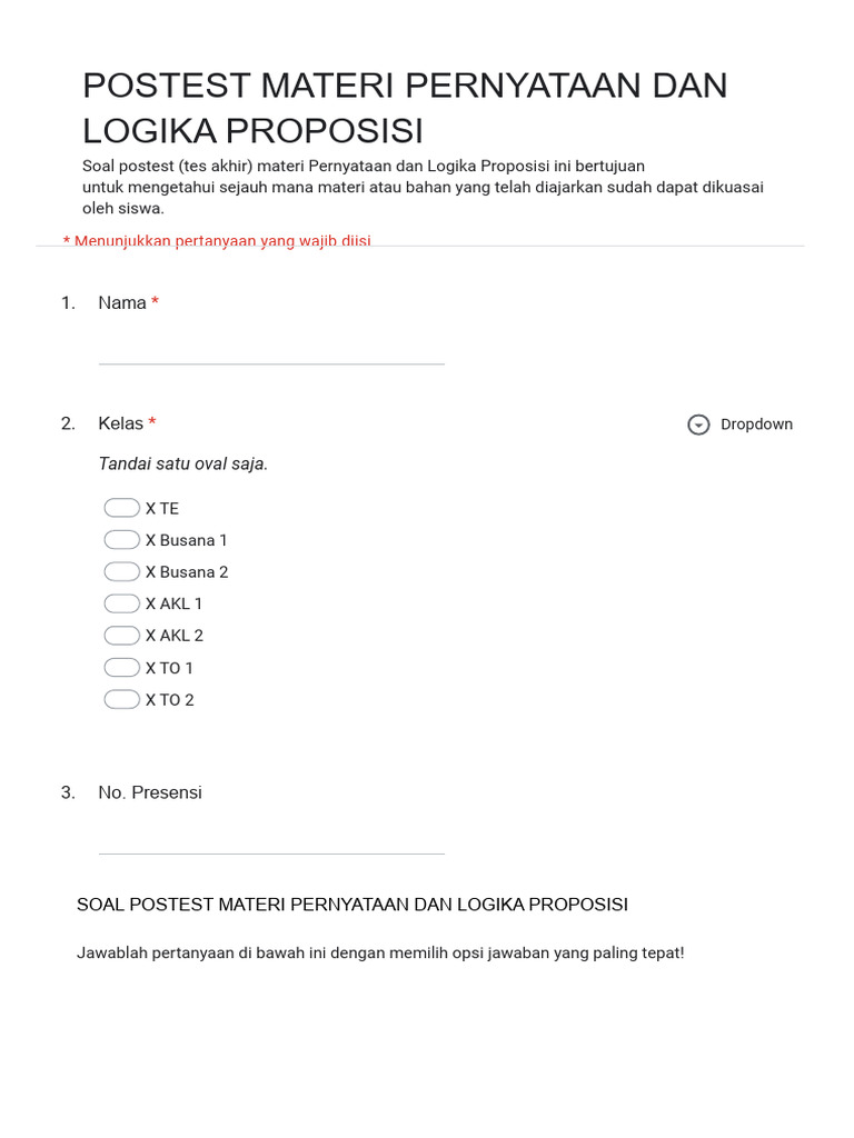 Postest Logika Proposisi untuk Siswa | PDF
