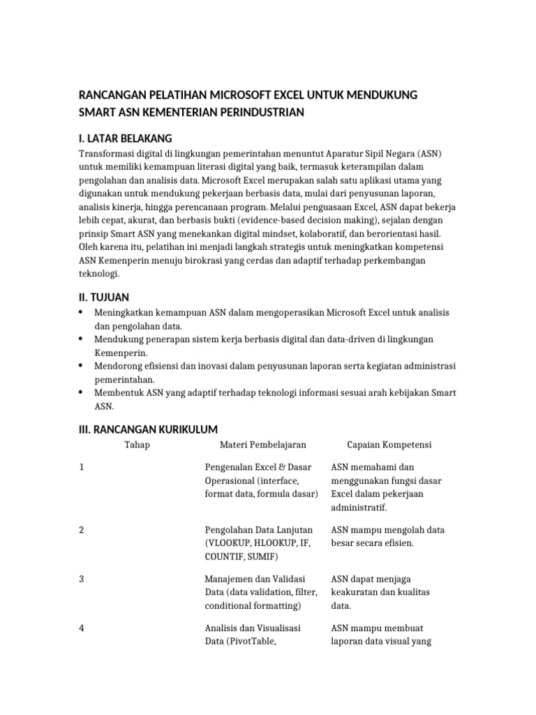 Rancangan Pelatihan Microsoft Excel Smart ASN Kemenperin | PDF