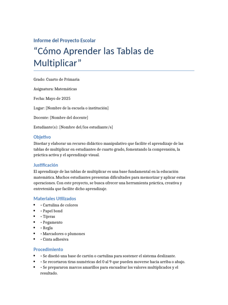 Informe Proyecto Tablas Multiplicar | PDF