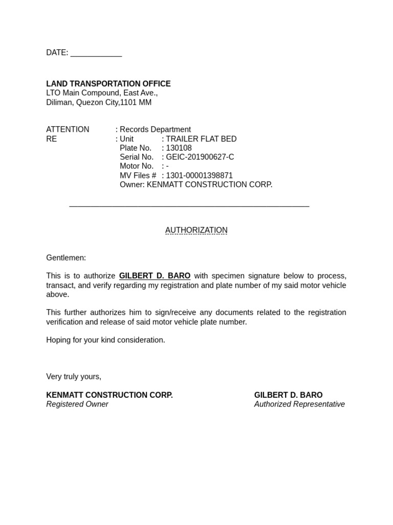 LTO Auth Letter | PDF
