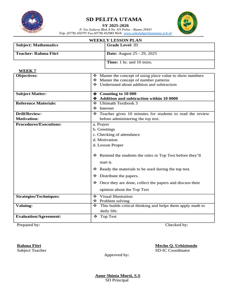Week 7 - Lesson Plan - Grade 3 - Ms Rahma | PDF | Cognition | Learning