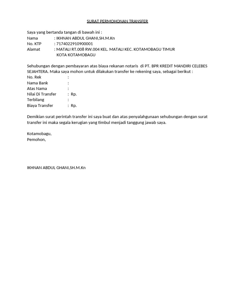 Surat Permohonan Transfer Biaya Notaris | PDF