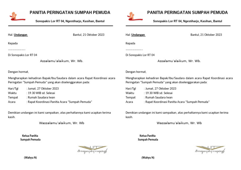 Undangan Rapat Sumpah Pemuda 2023 | PDF