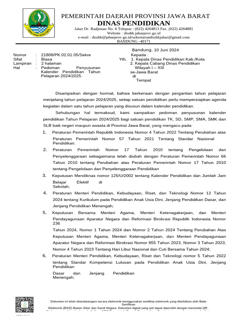 Pedoman Kalender Pendidikan 2024/2025 | PDF