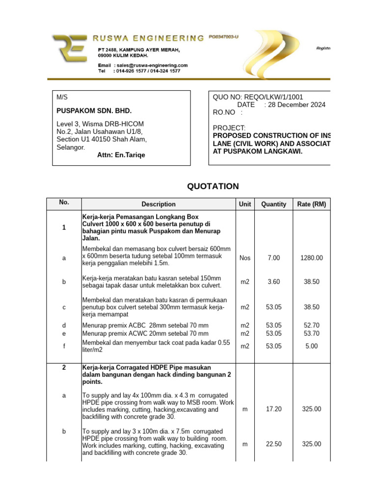 Quotation for Puspakom Inspection Lane Construction | PDF | Concrete ...