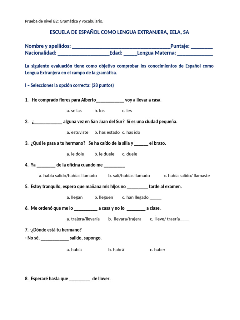 Prueba B2: Gramática y Vocabulario Español | PDF | Lingüística