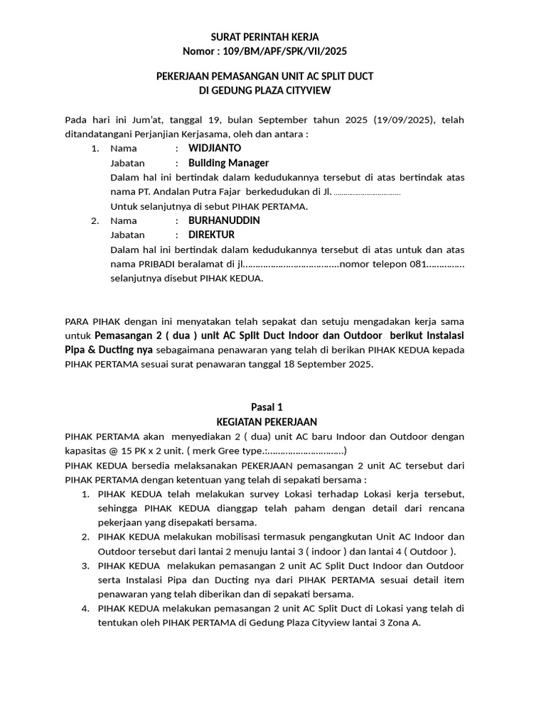 Contoh Draft SPK - AC Cityview | PDF