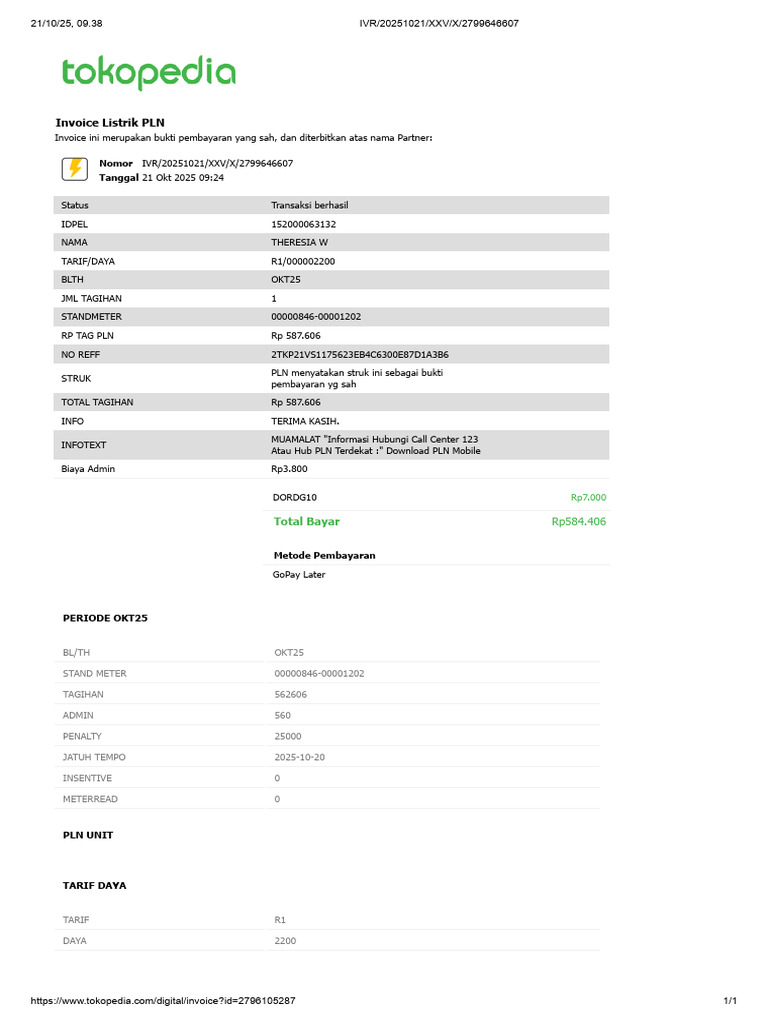 Invoice Listrik PLN Theresia W Okt 2025 | PDF