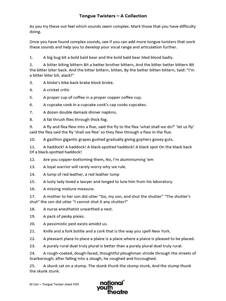 Vocal Exercises - Tongue Twisters | PDF