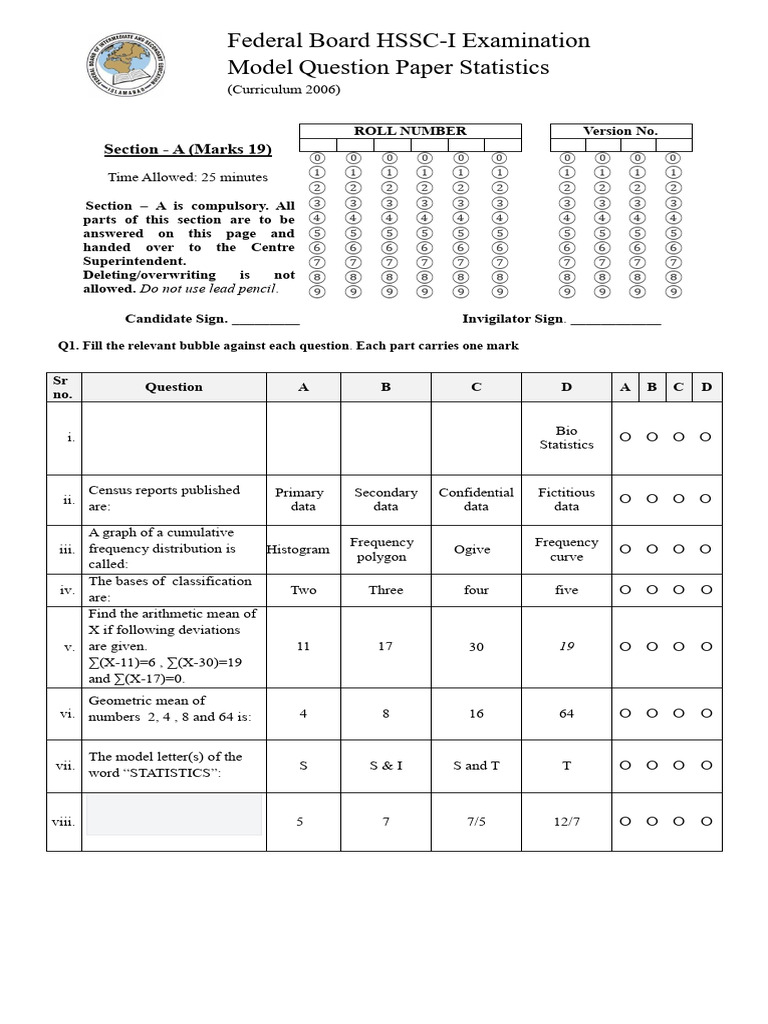 HSSC-I Statistics Model Paper 2006 | PDF | Mean | Dependent And ...