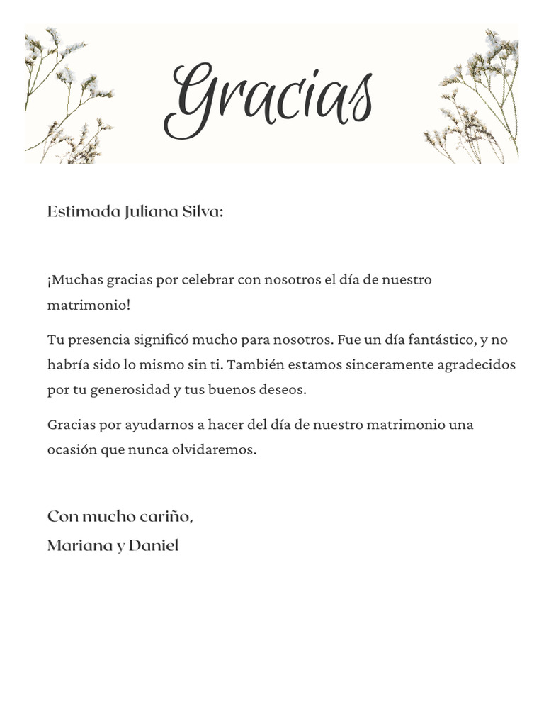 Doc de Carta de Agradecimiento Por Asistencia a Matrimonio de Estilo ...
