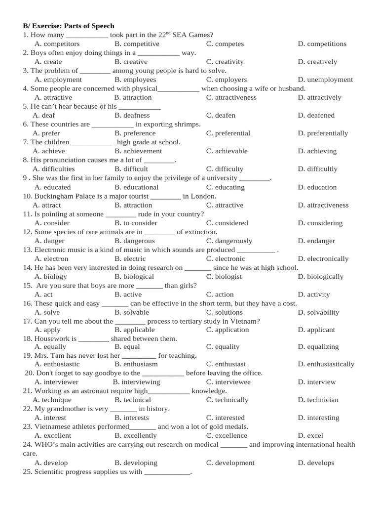 Parts of Speech Exercise Quiz | PDF | Deafness
