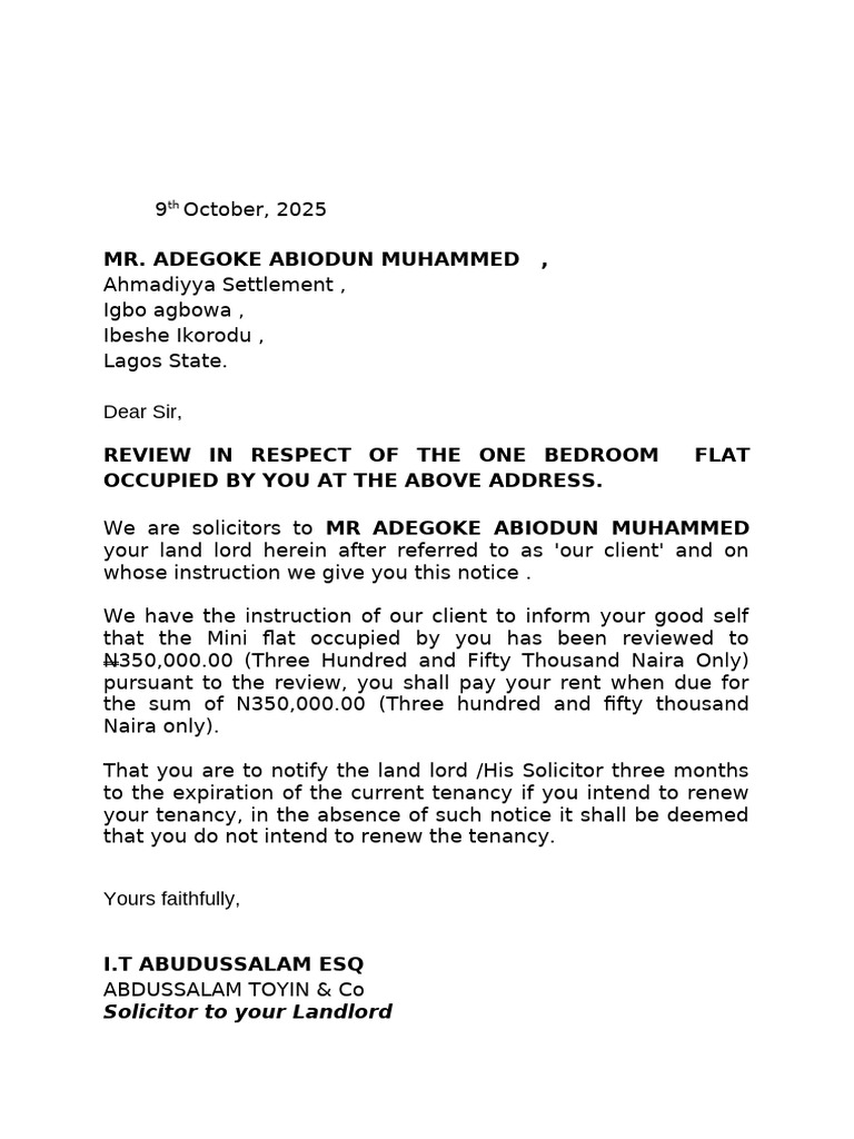 Rent Review Notice for One Bedroom Flat | PDF