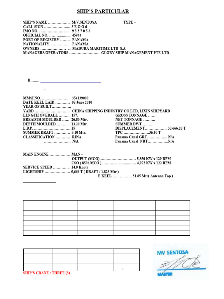 M/V Sentosa Ship Specifications | PDF | Water Transport | Watercraft
