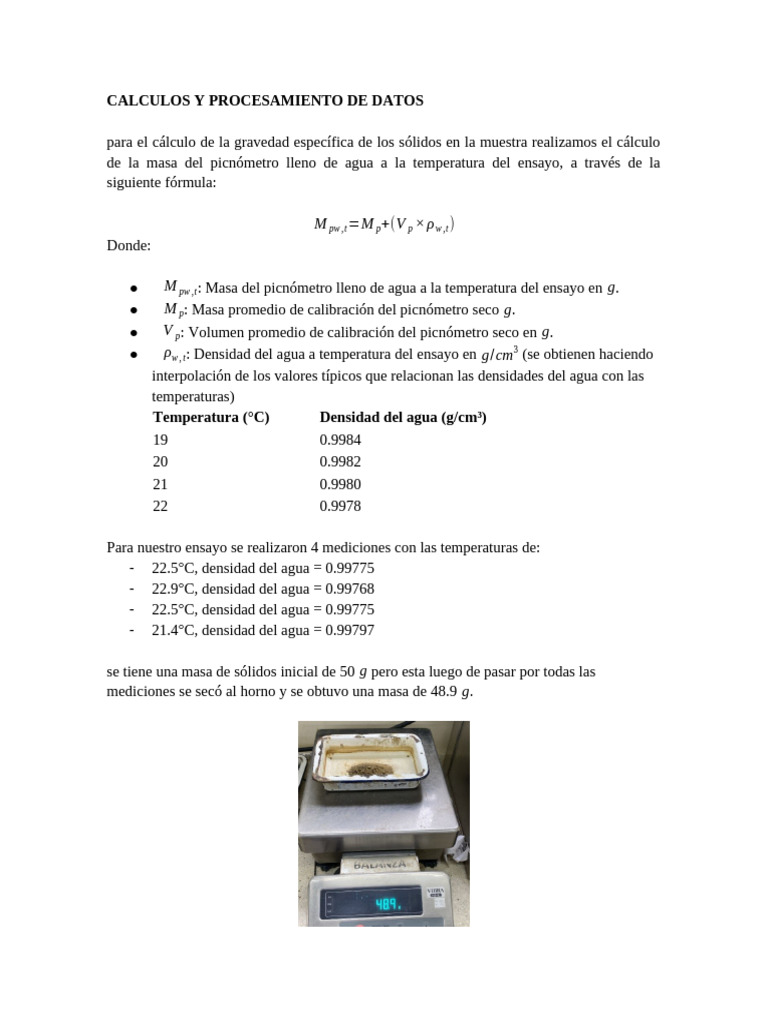 Calculos Informe de Gravedad Especifica | PDF | Densidad | Cantidad