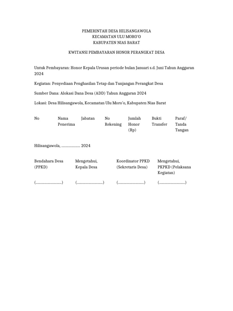 Kwitansi Pembayaran Honor Desa Hilisangawola PKPKD | PDF