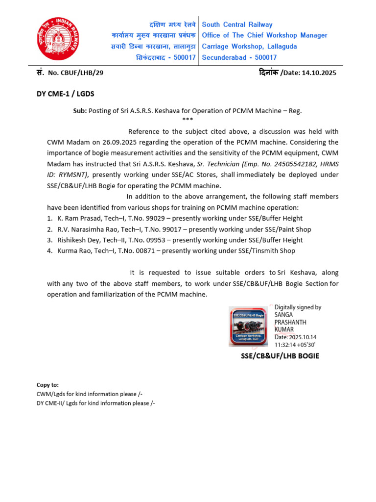 Req Letter Posting of Keshava Into LHB Bogie Section | PDF | Rolling Stock