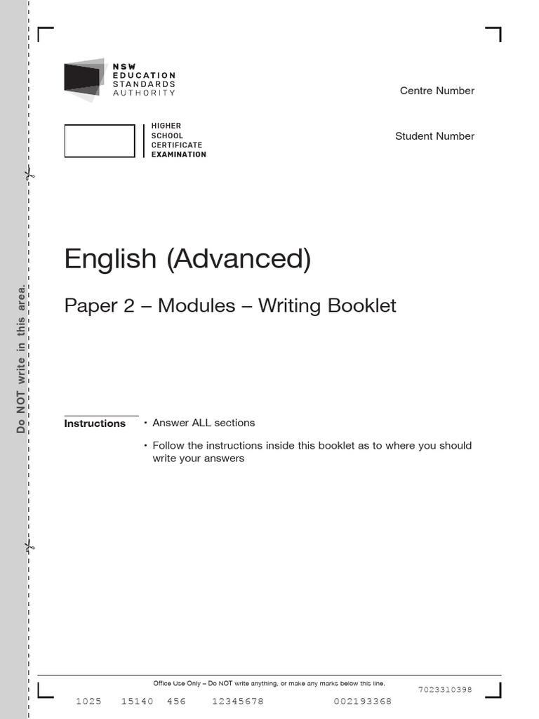 English Advanced HSC Paper 2 Sample Writing Booklet | PDF ...