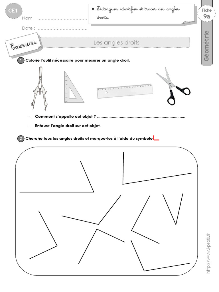 Exercices sur les angles droits CE1 | PDF | Triangle | Géométrie ...