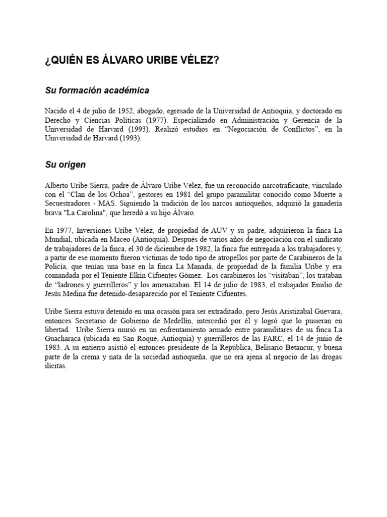 Álvaro Uribe Vélez | PDF | Colombia