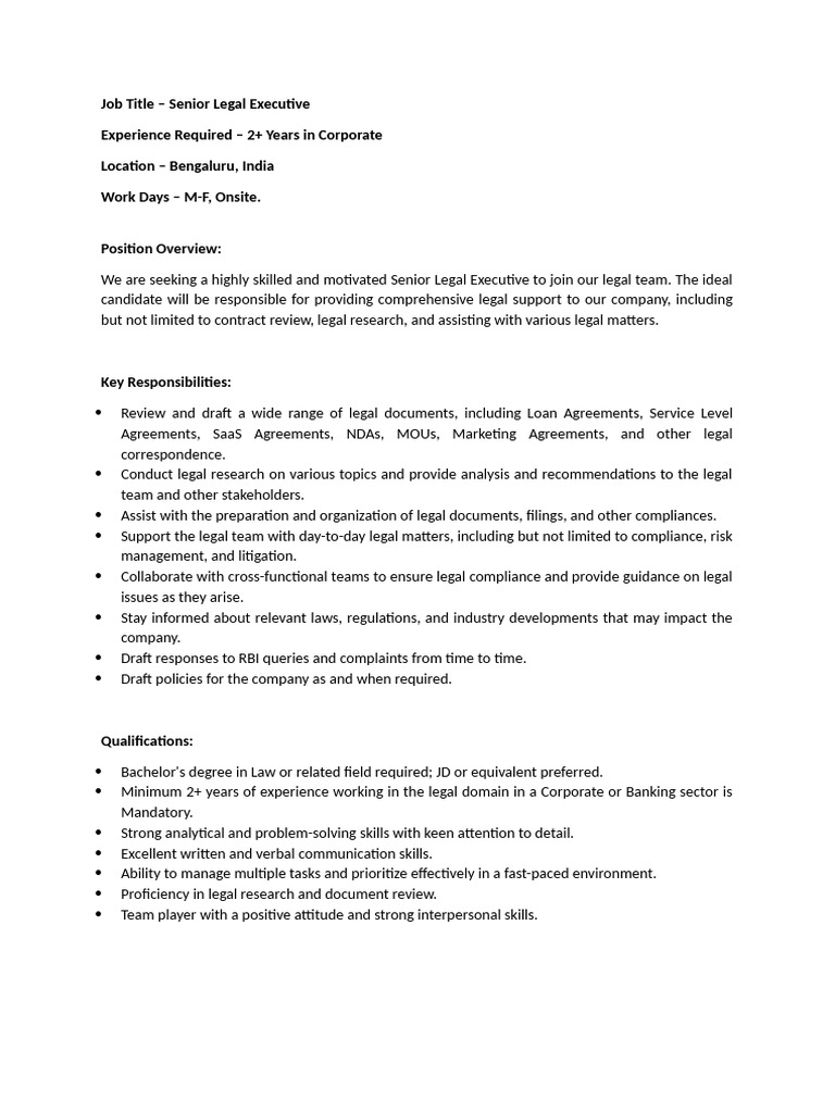 Senior Legal Executive Job in Bengaluru | PDF