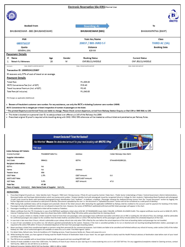 2 - BBSR To Bhawanipatna - by Train - Rs 1,040.85 | PDF | Identity ...
