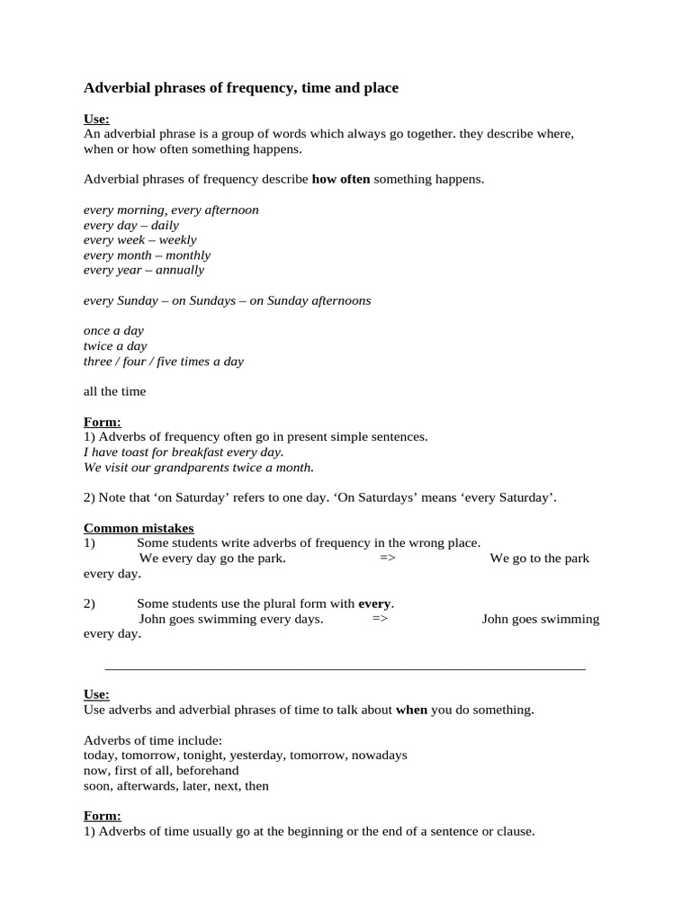 Adverbial Phrases: Frequency, Time, Place | PDF | Adverb | Language ...