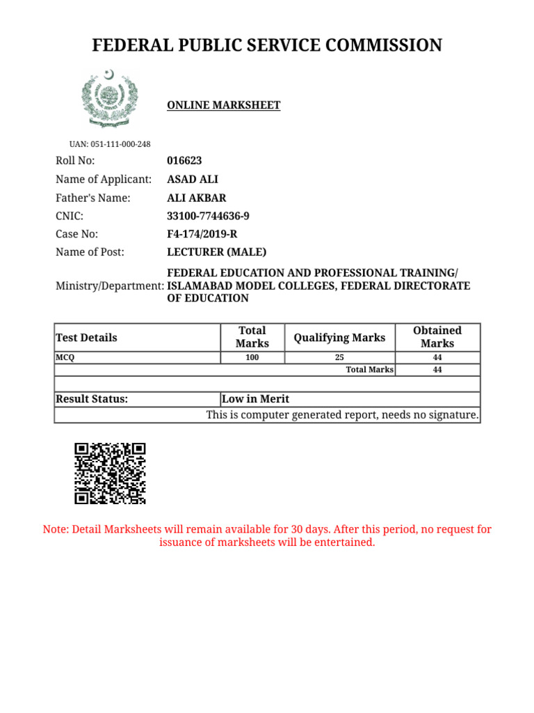 Online - Fpsc.gov - PK FPSC GR Reports GR Marksheets Details - PHP | PDF