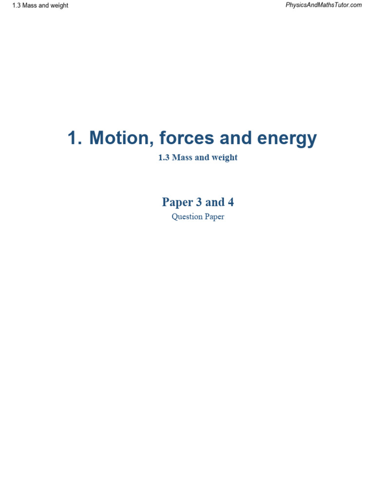Mass and Weight Question Paper | PDF
