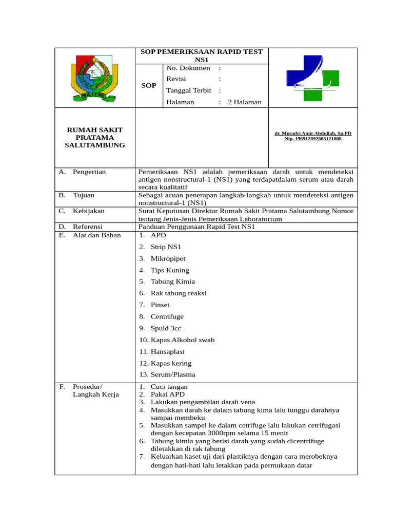 SOP Pemeriksaan Rapid Test NS1 | PDF