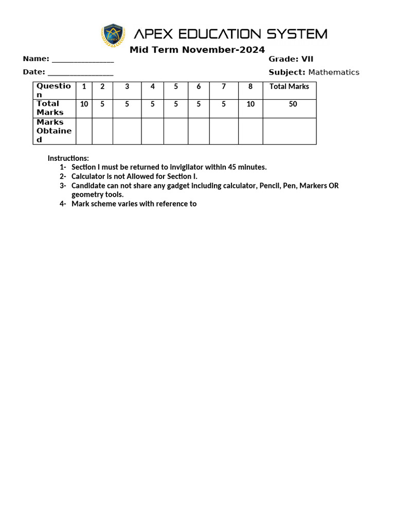 Grade 7 Math Mid Exam Nov 2024 | PDF