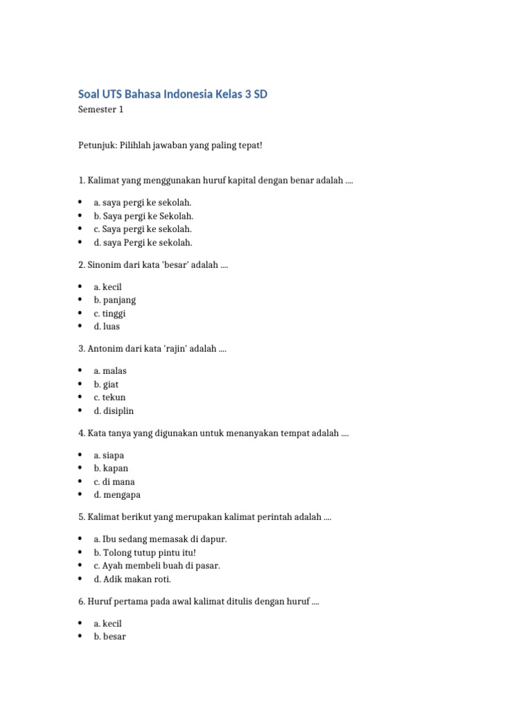 Soal UTS Bahasa Indonesia Kelas 3 SD | PDF