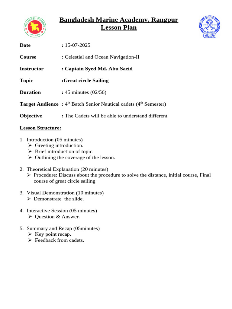 Great Circle Sailing Lesson Plan | PDF