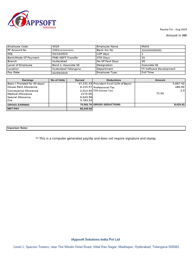 Pay Slip Aug | PDF