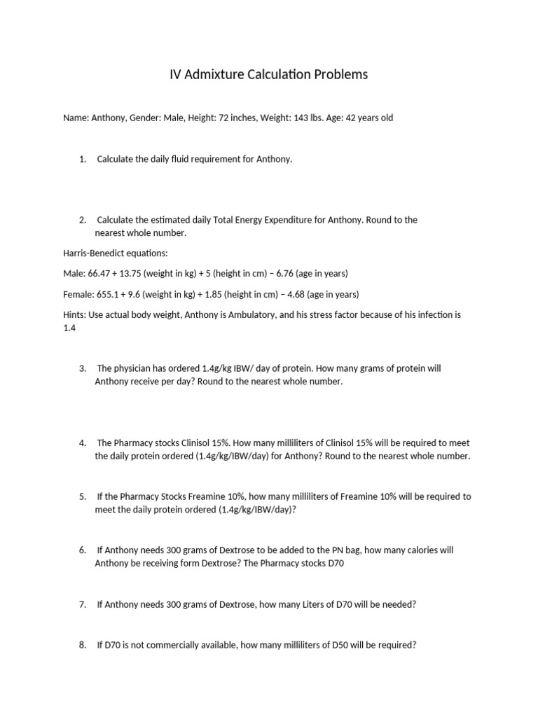 IV Admixture Calculations for Patients | PDF | Cerebrospinal Fluid ...