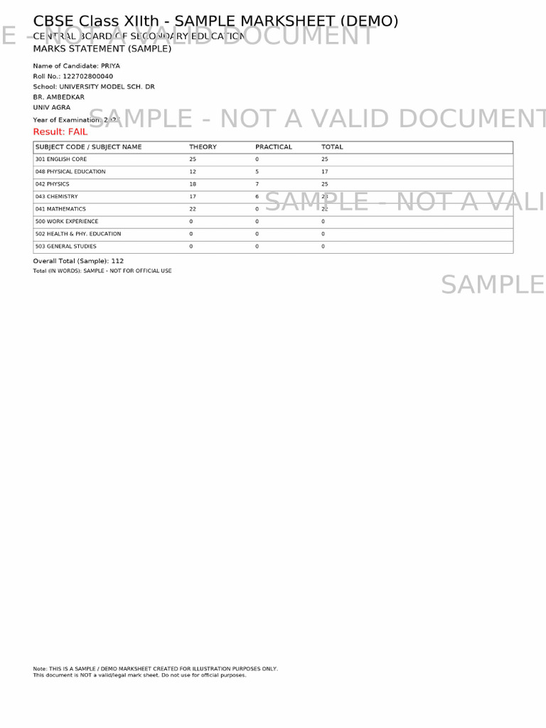 Sample Marksheet Priya 2025 | PDF