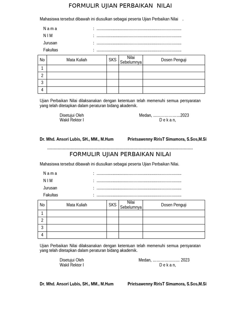 Formulir Ujian Perbaikan Nilai Mahasiswa | PDF