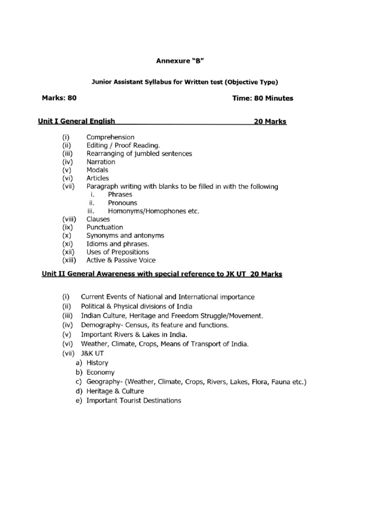 Junior Assistant Syllabus 2025 | PDF