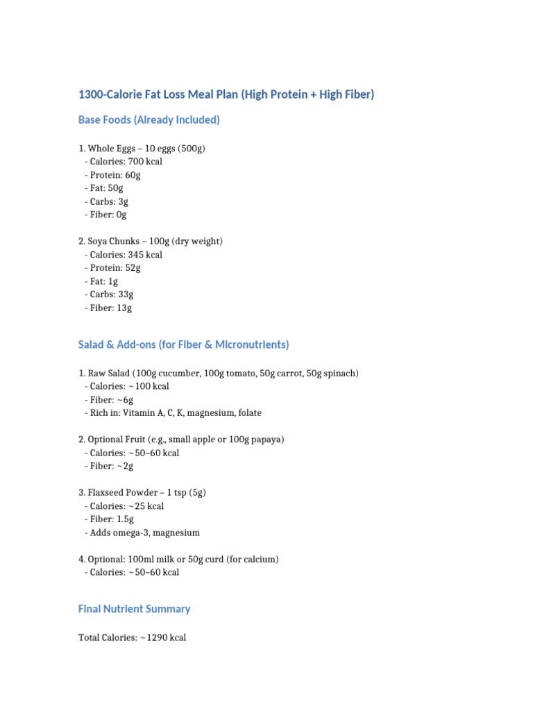 1300 Calorie Fat Loss Meal Plan | PDF