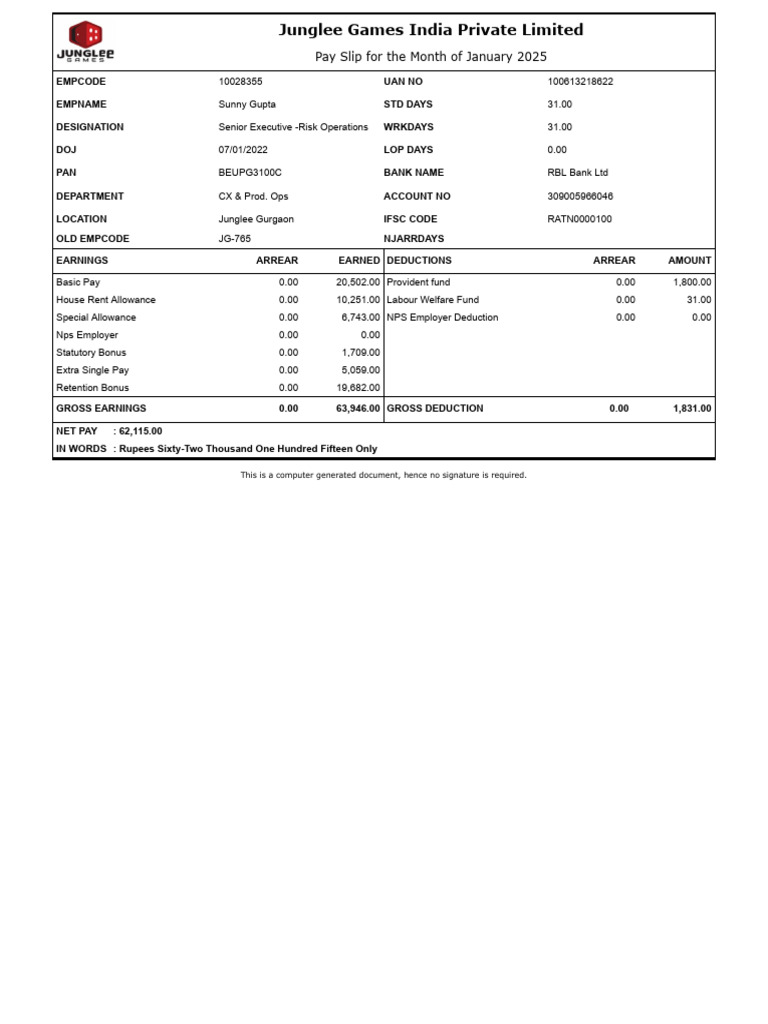 January 2025 Pay Slip for Sunny Gupta | PDF