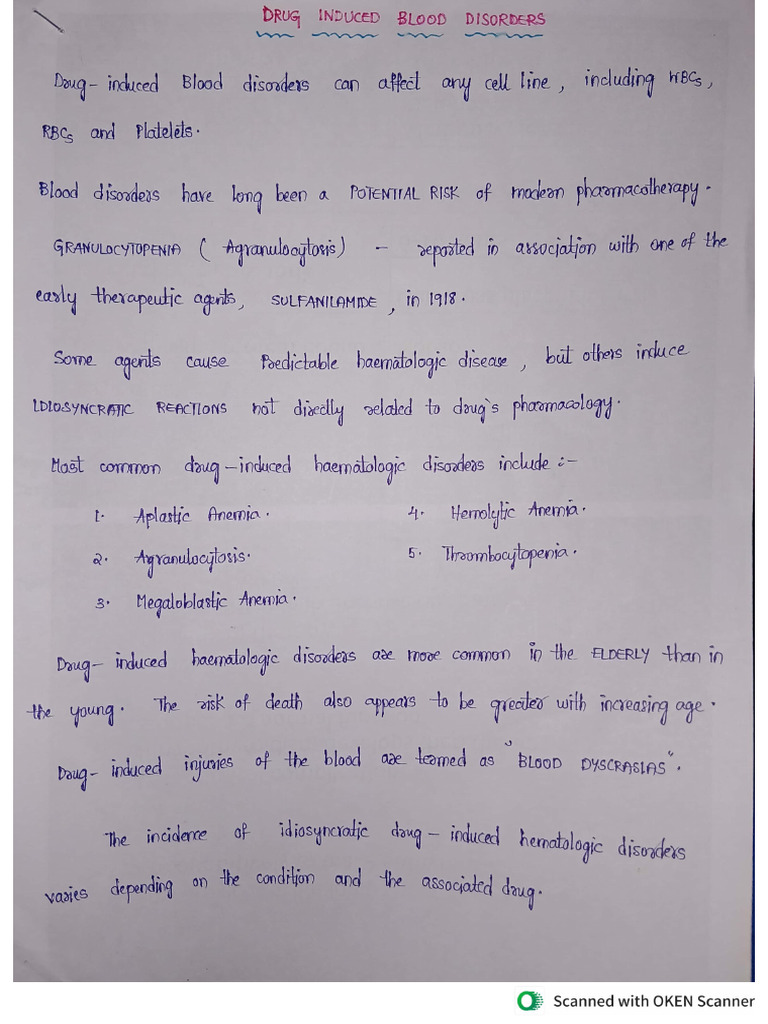 Drug Induced Blood Disorders Hand Written Notes | PDF | Image Scanner ...